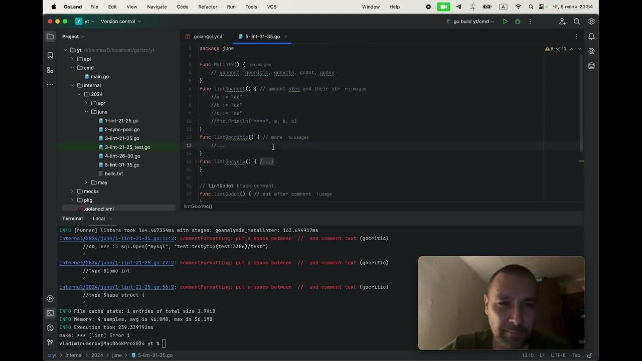 Go. golangci-lint - goconst, gocritic, gocyclo, godot, godox - YouTube