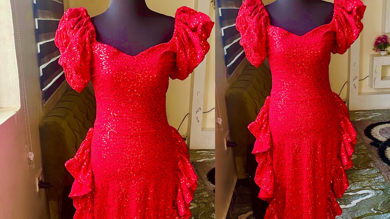 How to cut & sew a simple fitted off shoulder dress with puff sleeves ...