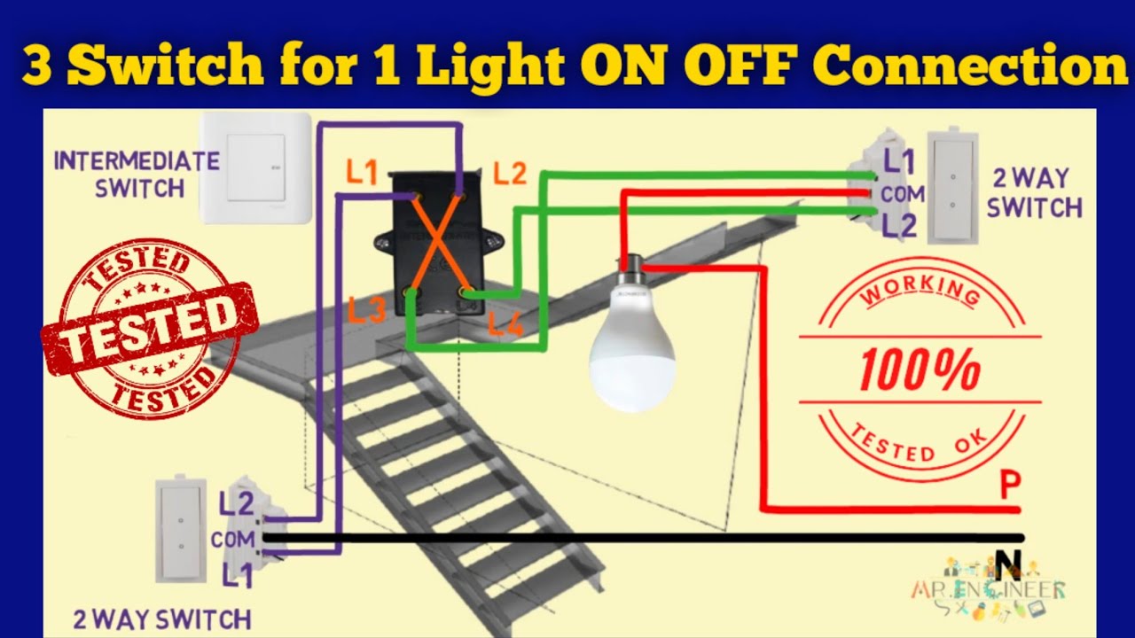 3 Switch for one light On Off connection diagram | 3 switch 1 bulb ...