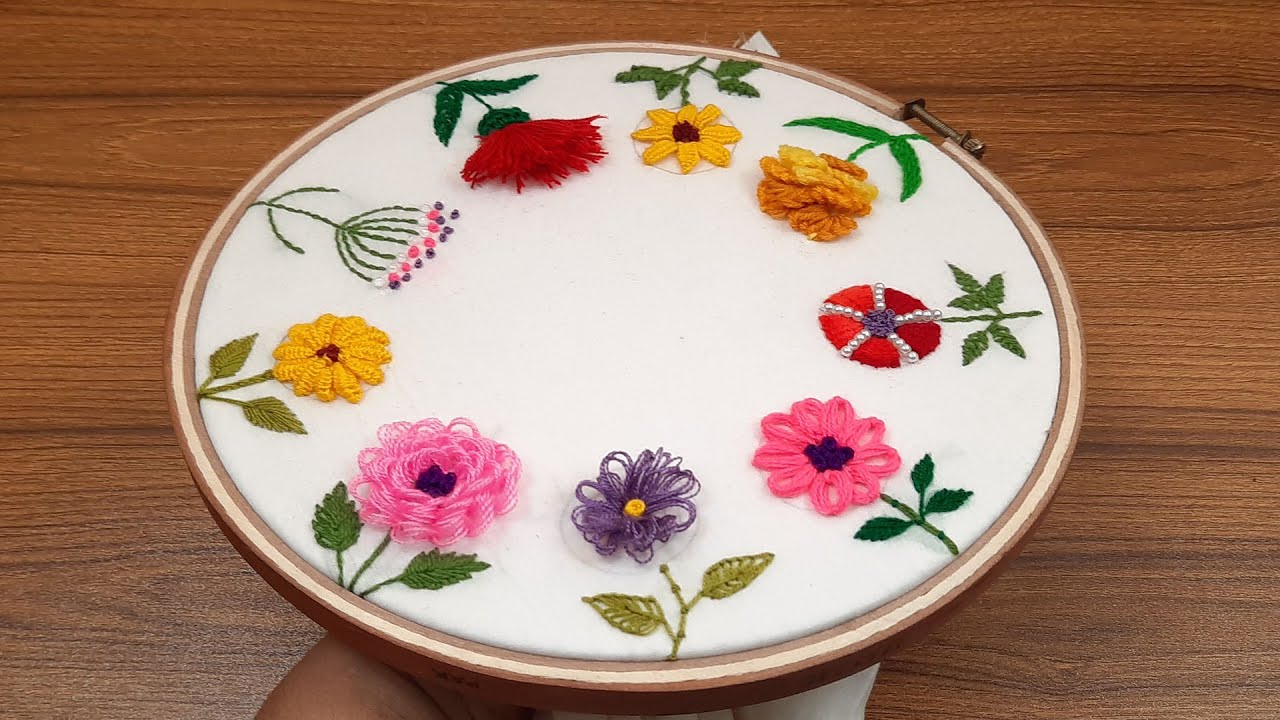 Hand embroidery easy 9 flowers design#gorgeous flowers tutorial - YouTube