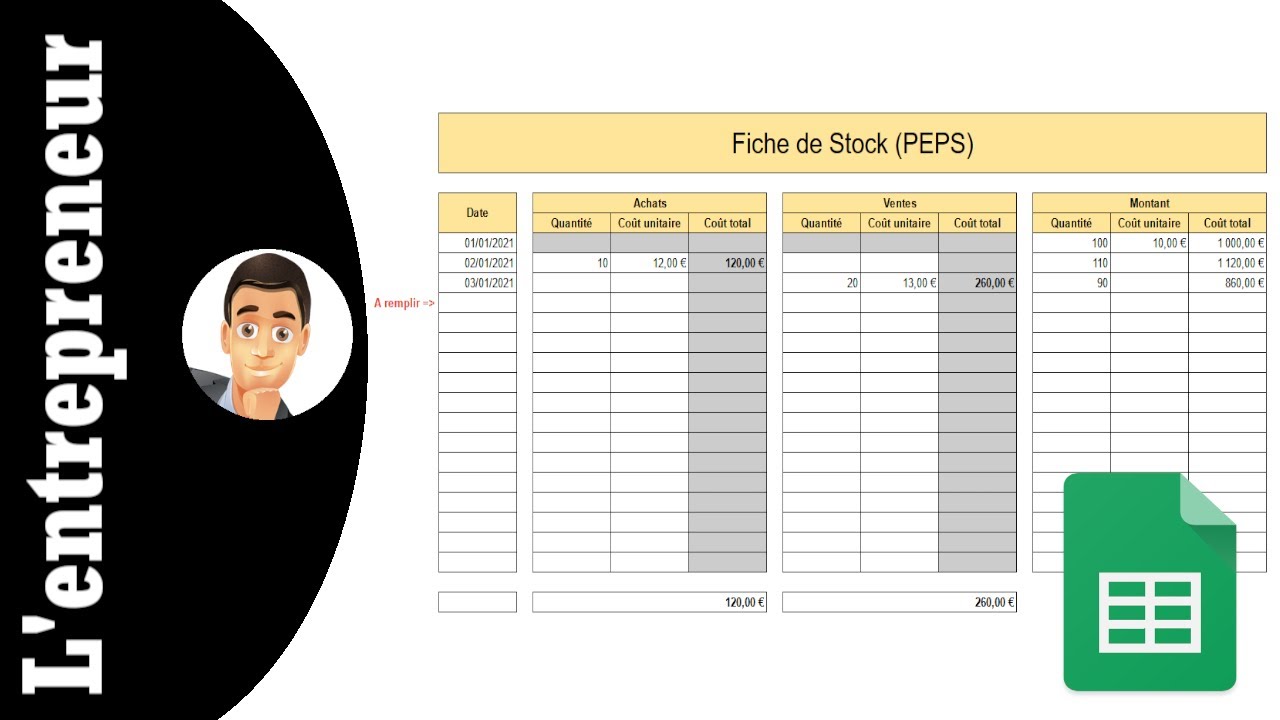 Faire une fiche de stock (PEPS) avec Google Sheets - YouTube