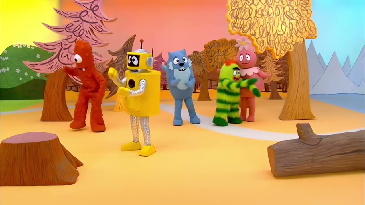 Yo Gabba Gabba Brobee pushes Muno, Toodee, and Foofa and knocks over ...