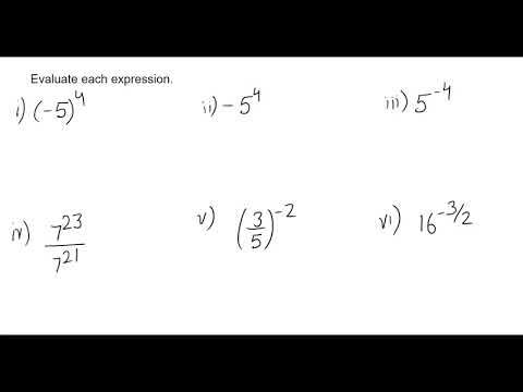 Exponent expressions | Evaluate | (-3)^4 | -3^4 | 3^-4 | (5^23)/(5^21) | (2/3)^-2 | 16^(-3/2 ...
