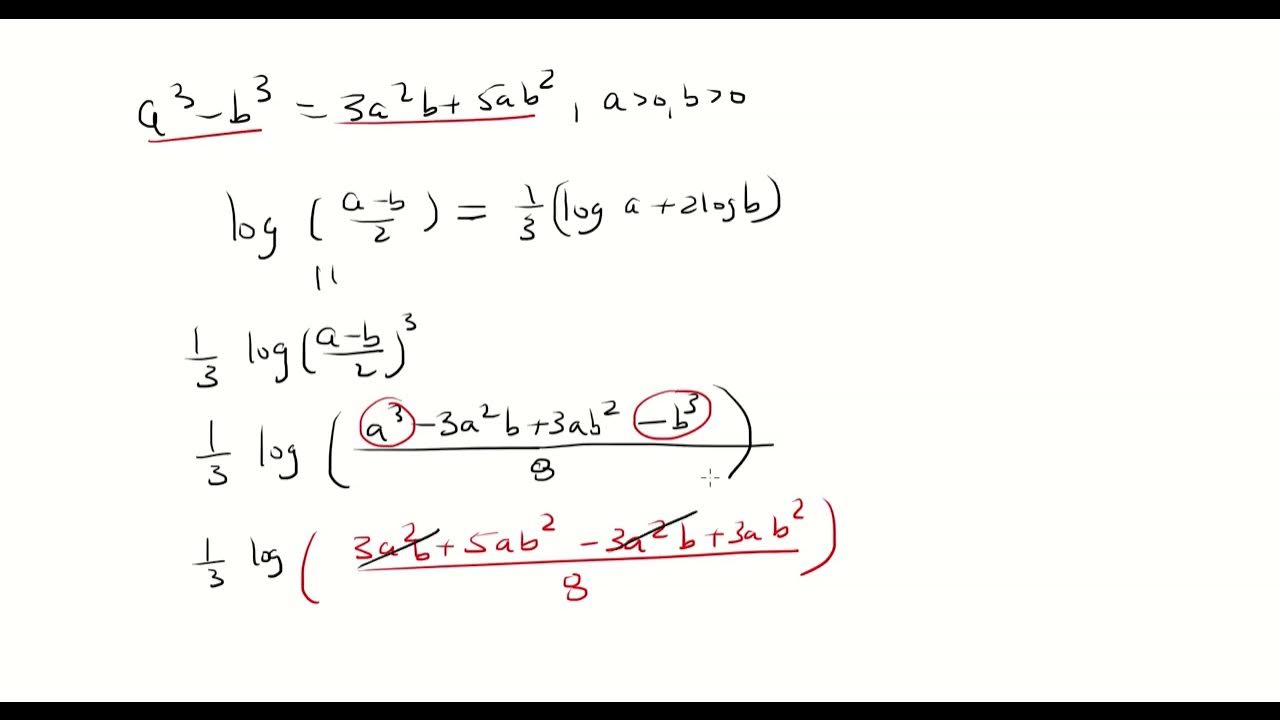If a^3-b^3=3a^2b+5ab^2, show that log((a-b)/2)=1/3 (loga+2logb) - YouTube