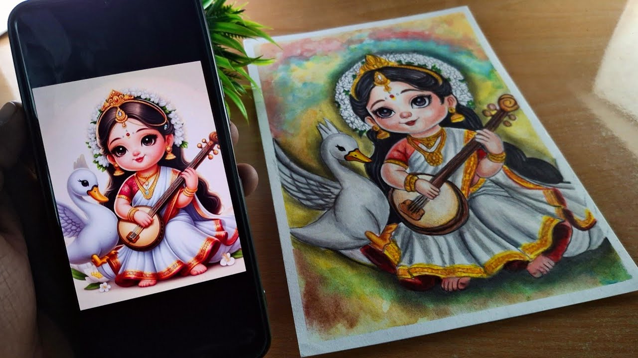 Saraswati Mata Drawing, Pencil Colour Drawing, Cute Saraswati Mata ...