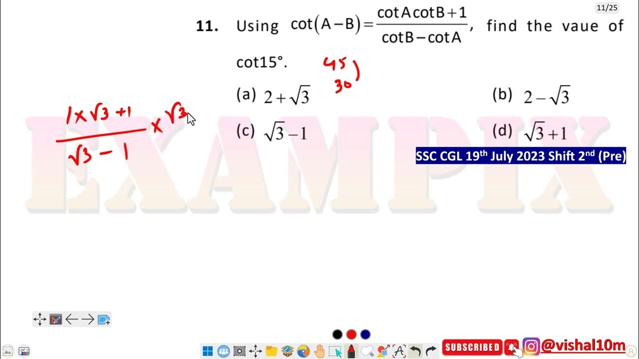 Using cot(A - B) = (cot A * cot B + 1)/(cot B - cot A) find the vaue of cot15°. - YouTube