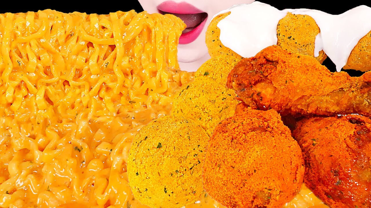 ASMR MUKBANG｜CHEESY CARBO FIRE NOODLES, CHEESE BALL, FRIED CHICKEN 까르보 ...