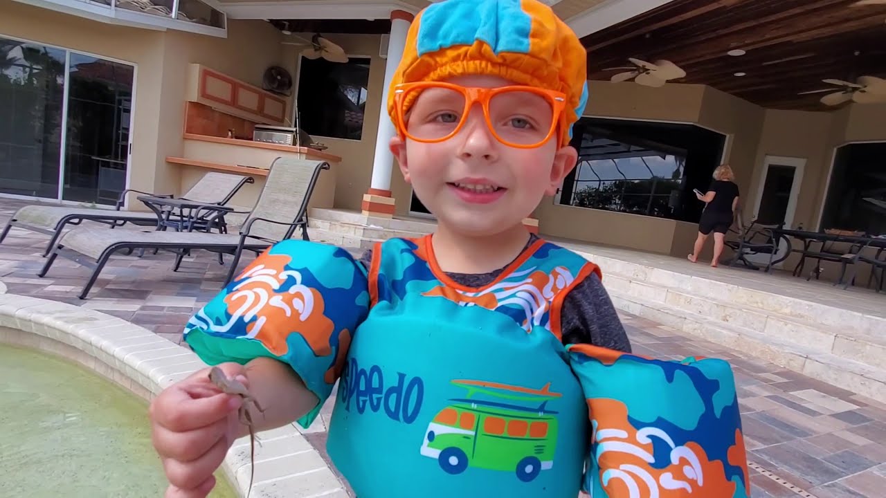 Blippi Dressed Toddler catches a Lizard in the pool 4K | Jonathan's ...