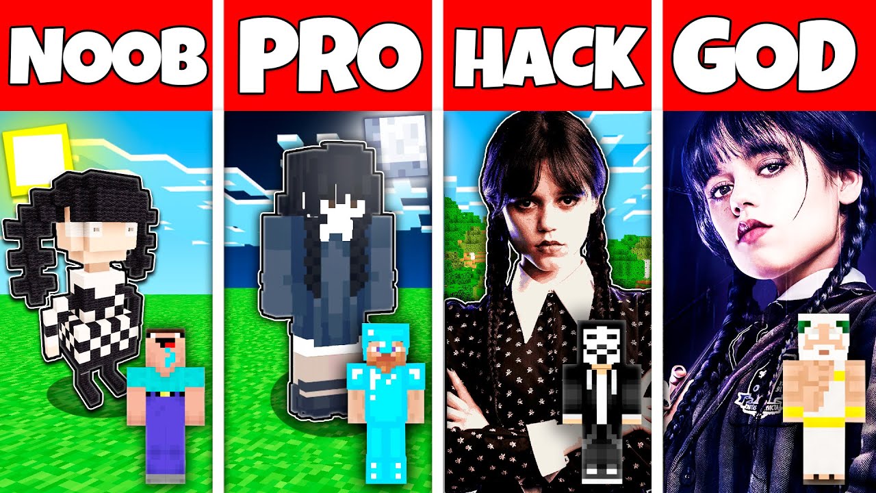 MINECRAFT WEDNESDAY STATUE HOUSE BUILD CHALLENGE Battle: NOOB vs PRO vs ...