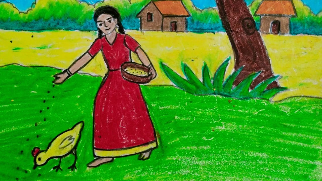 How to draw a village scenery with human figure. - YouTube