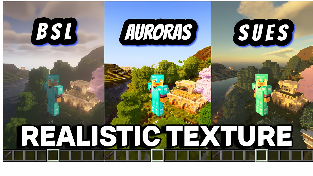 SHADERS = REALISTIC TEXTURE SUES VS BSL VS AURORA IN MINECRAFT 1.21.1 ...