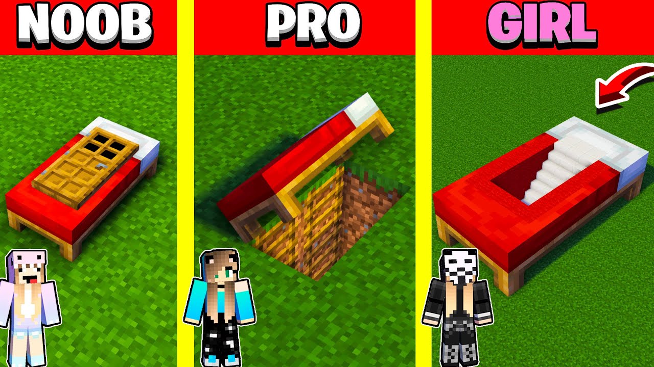 Minecraft Battle: BED HOUSE BASE BUILD CHALLENGE - NOOB vs PRO vs GIRL ...