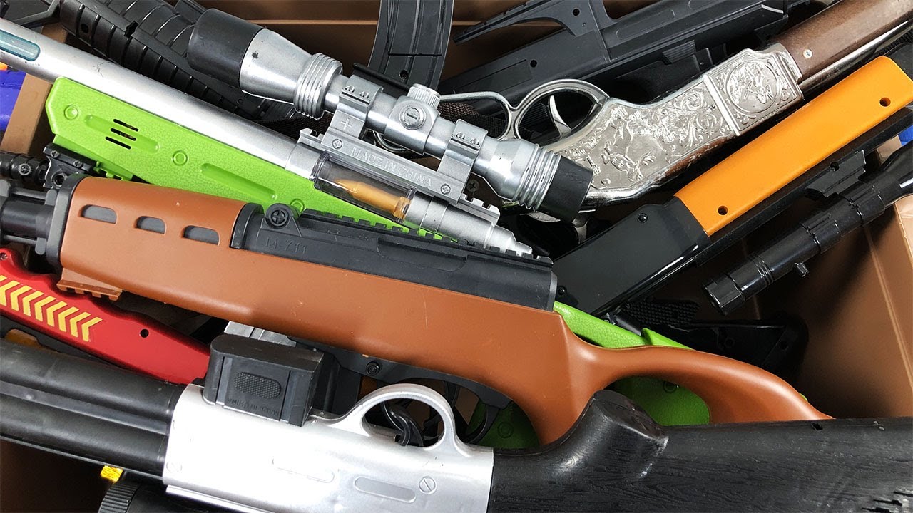 Box of Toy Rifles - AWM Sniper - Realistic Guns - ak47 - Shotgun - YouTube