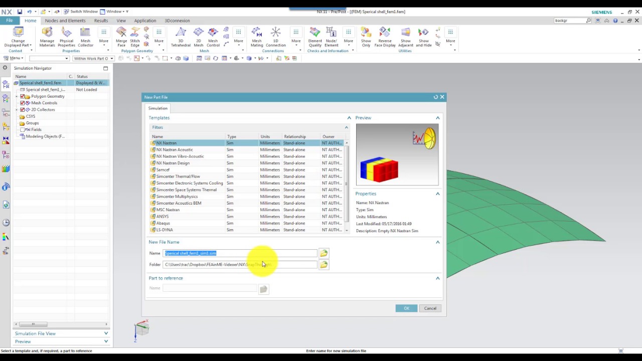NX SOL106 Spherical shell snap through simulation - YouTube