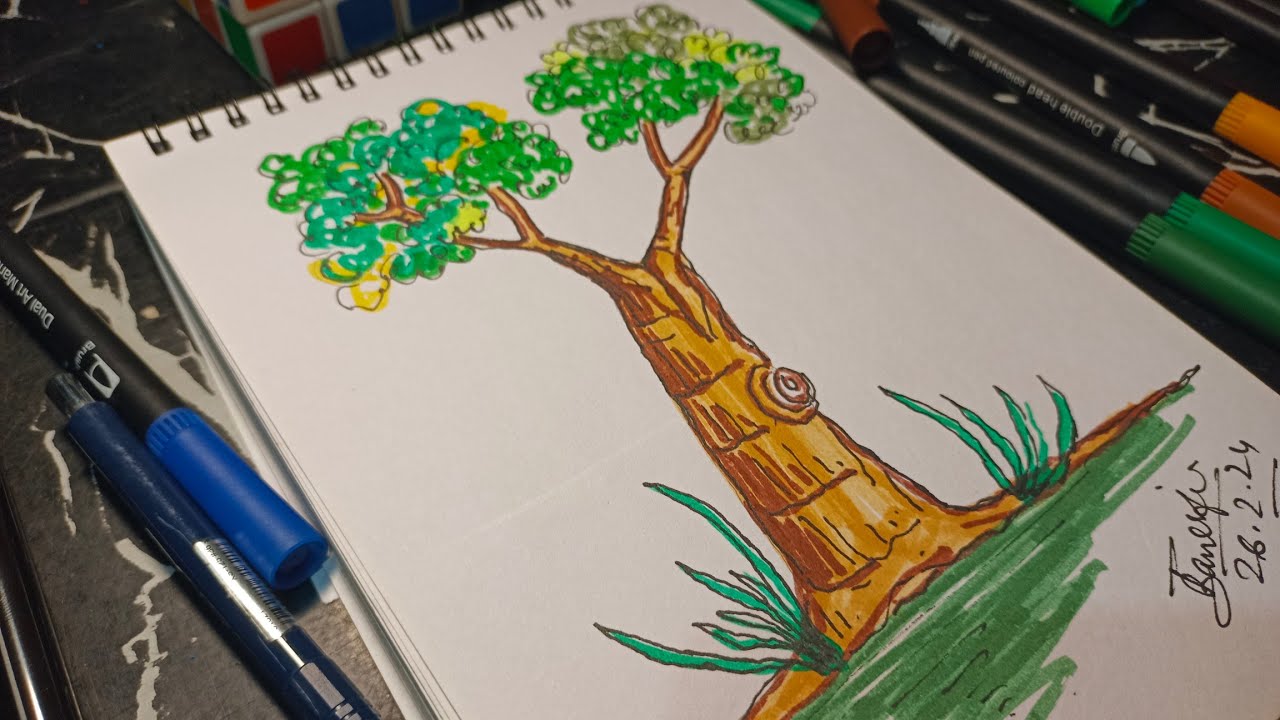 How to draw a tree with double brush pens/ Basic Drawing Video for ...