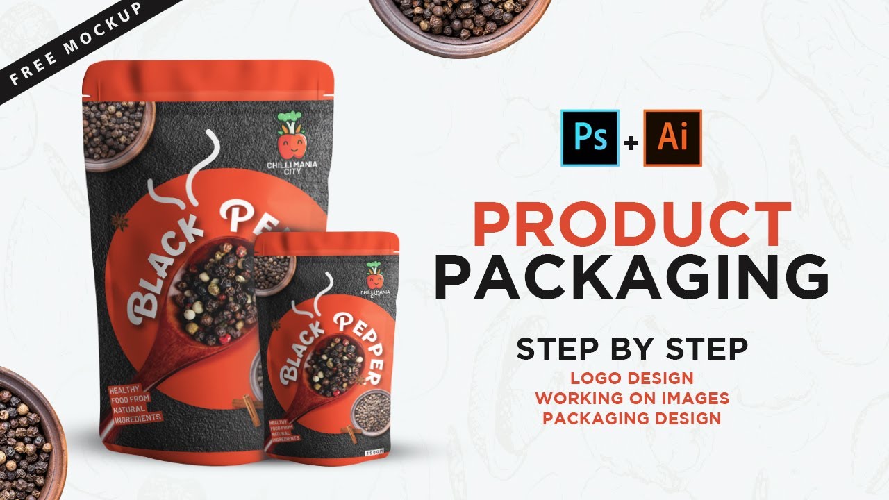 Black Pepper Pouch Product Packaging Design in Illustrator Photoshop 3D ...