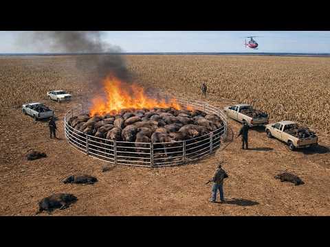 Wie texanische Farmer ganze Herden von Wildschweinen, die Höfe verwüsten, mit einer riesigen Stah...