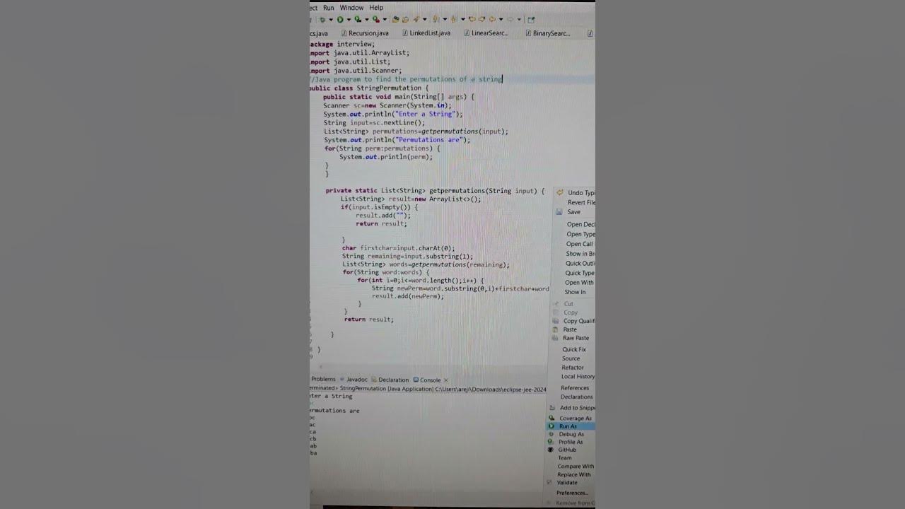 Java program to find permutations of a string#java#coding - YouTube