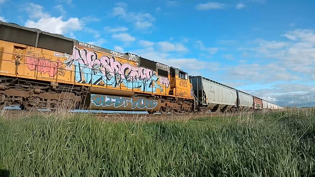 UP 4703 with colorful graffiti southbound grain train on the Spine Line ...