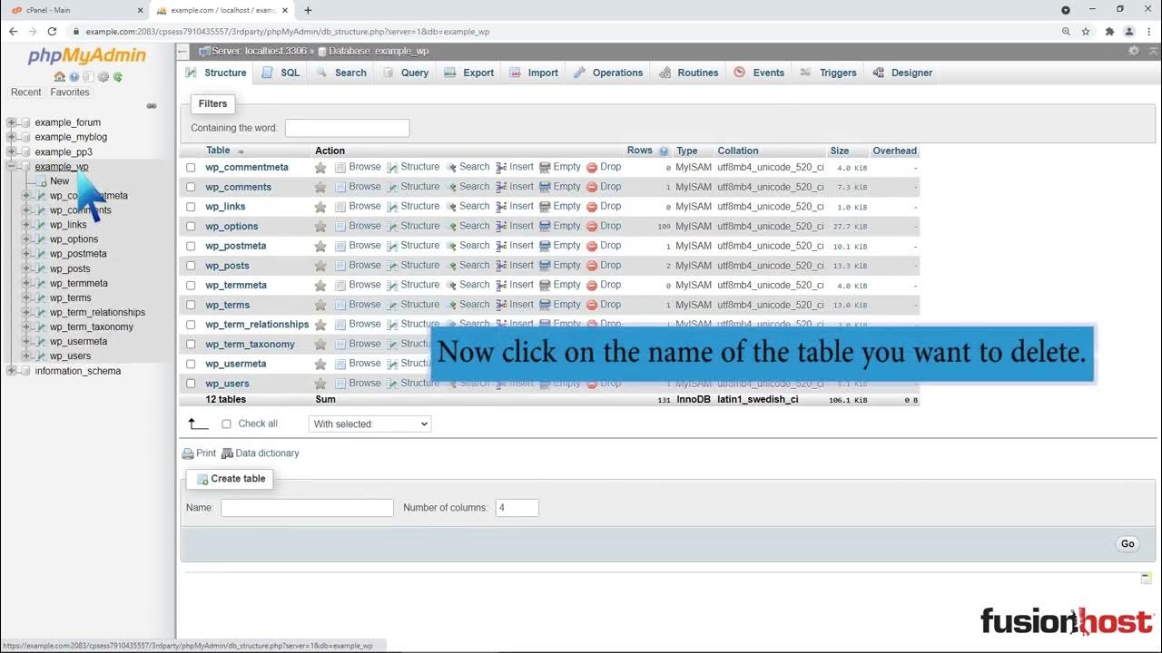 How To Delete Database Table Via Phpmyadmin In Cpanel With Fusionhost Youtube