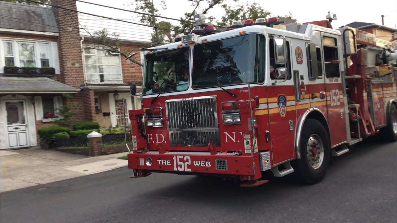 FDNY Tower Ladder 152 taking up from a small garage fire - YouTube
