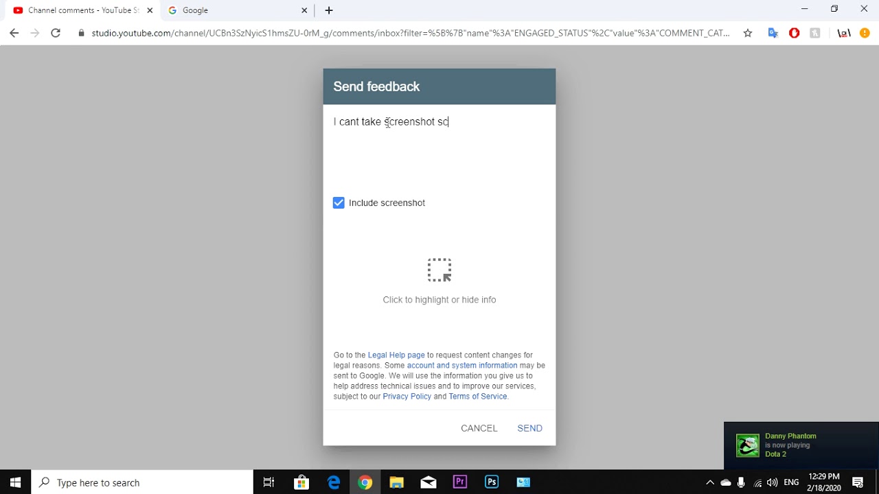 Cant Send Feedback Including Screenshot in Youtube Studio Beta February ...