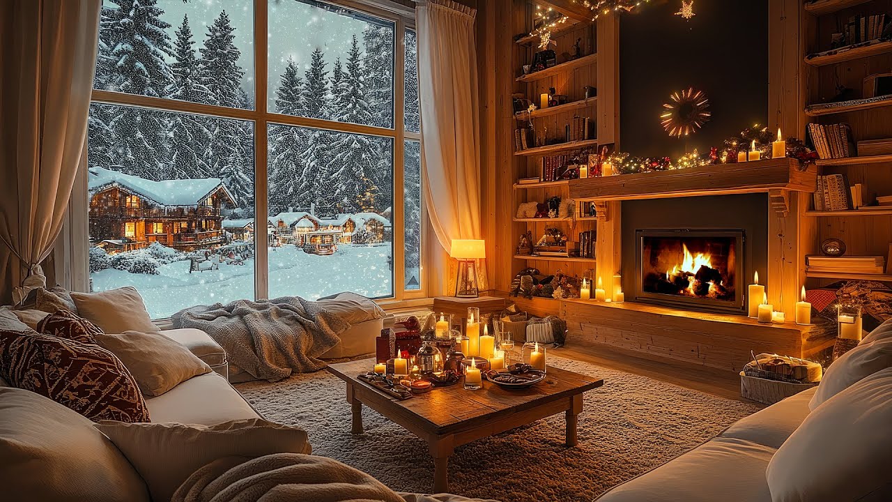 Cozy Winter Fireplace Ambience 🔥 Relaxing Music Sleep Stress Relief ...