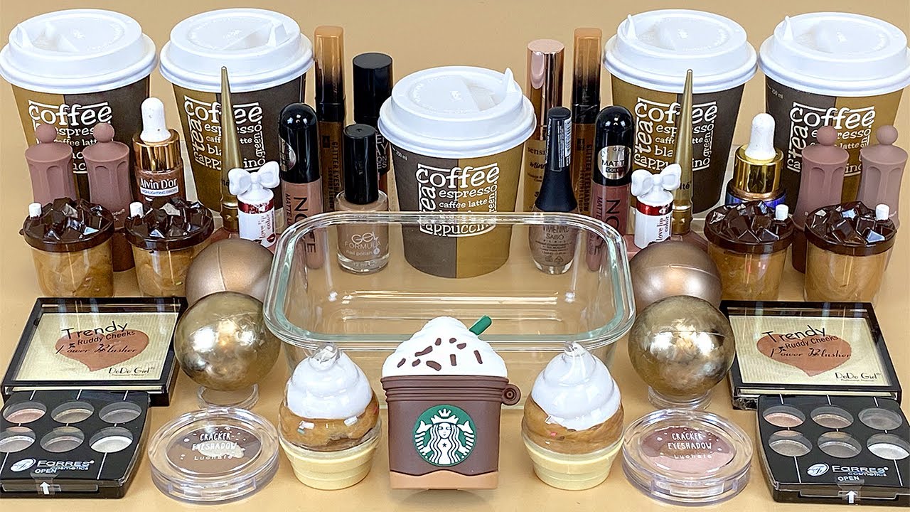 COFFEE SLIME Mixing makeup and glitter into Clear Slime ASMR Satisfying ...