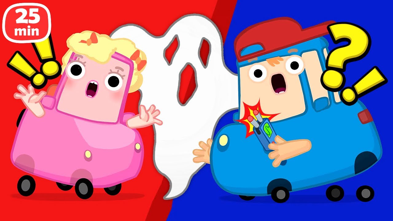 The pink car and the blue car decided to catch the ghost! Funny cartoon ...
