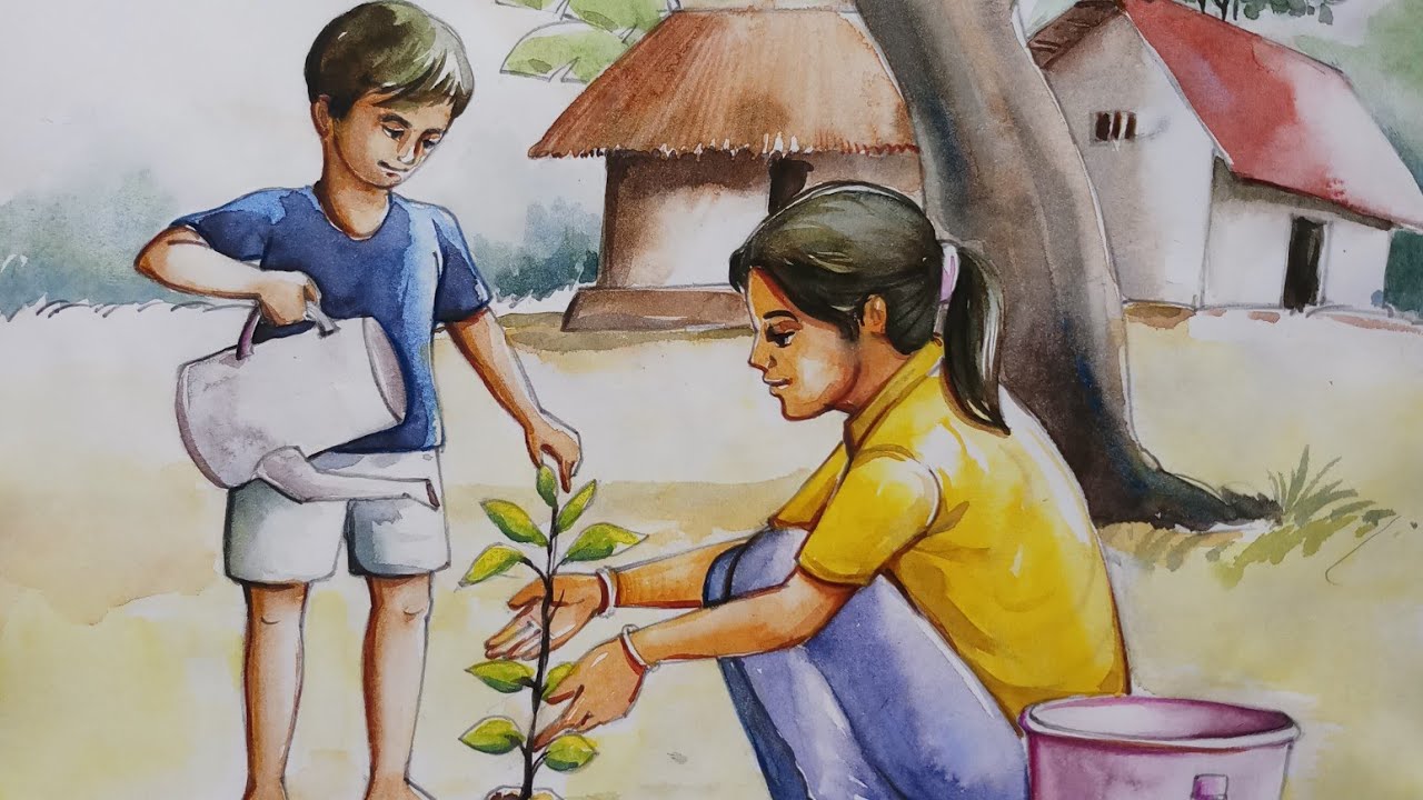 HOW TO DRAW TREE PLANTATION COMPOSITION VERY EASYL WITH WATERCOLOR FOR ...