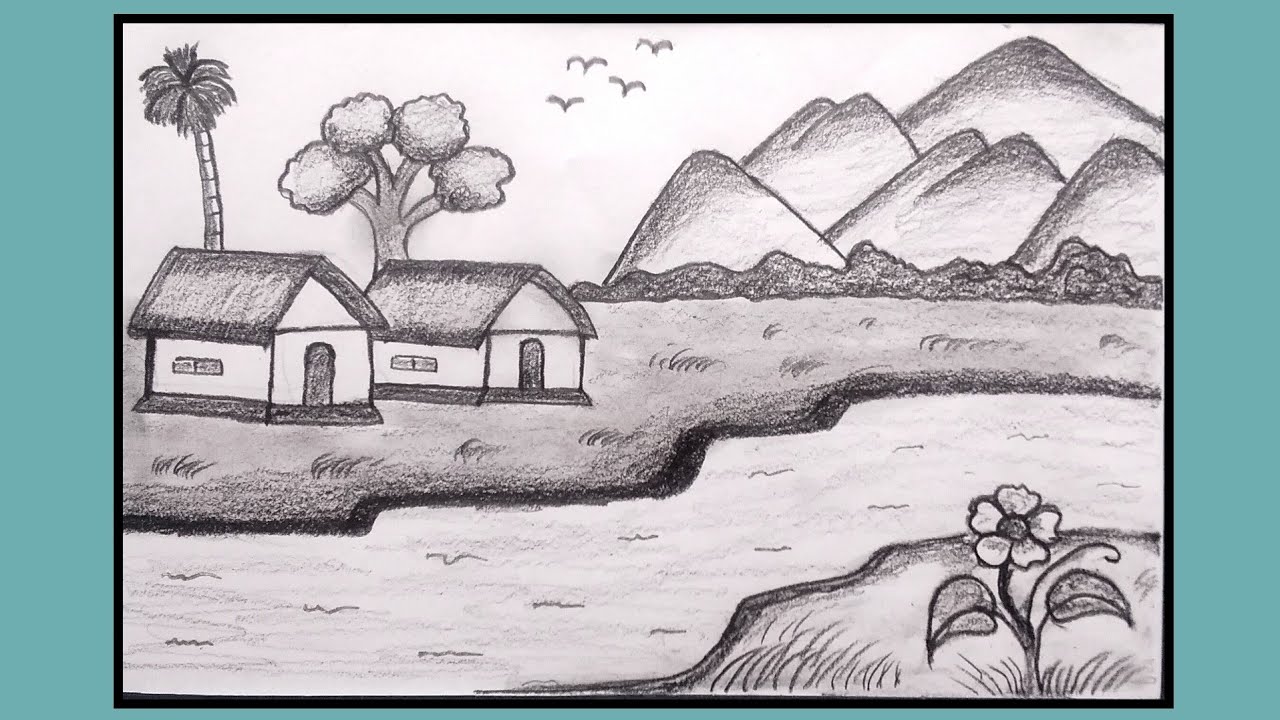 How to draw a village river scenery | drawing step by step | village ...