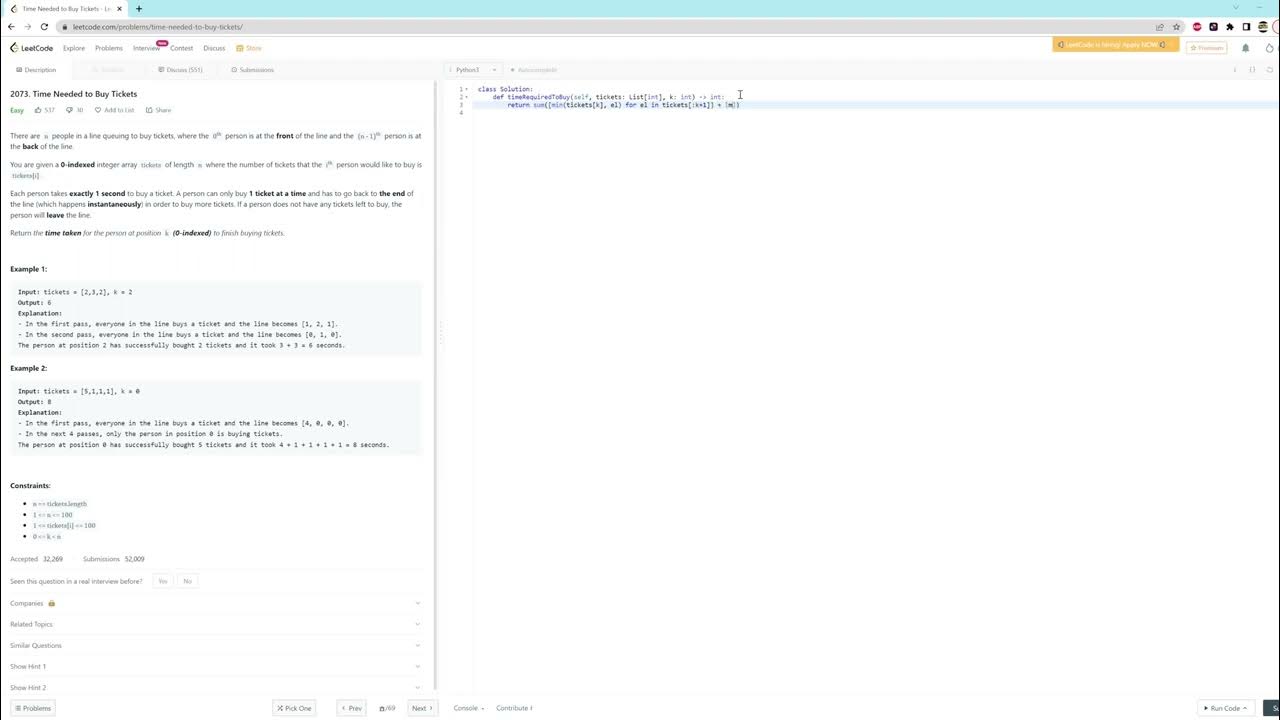 2073. Time Needed to Buy Tickets - Python - One Line - YouTube