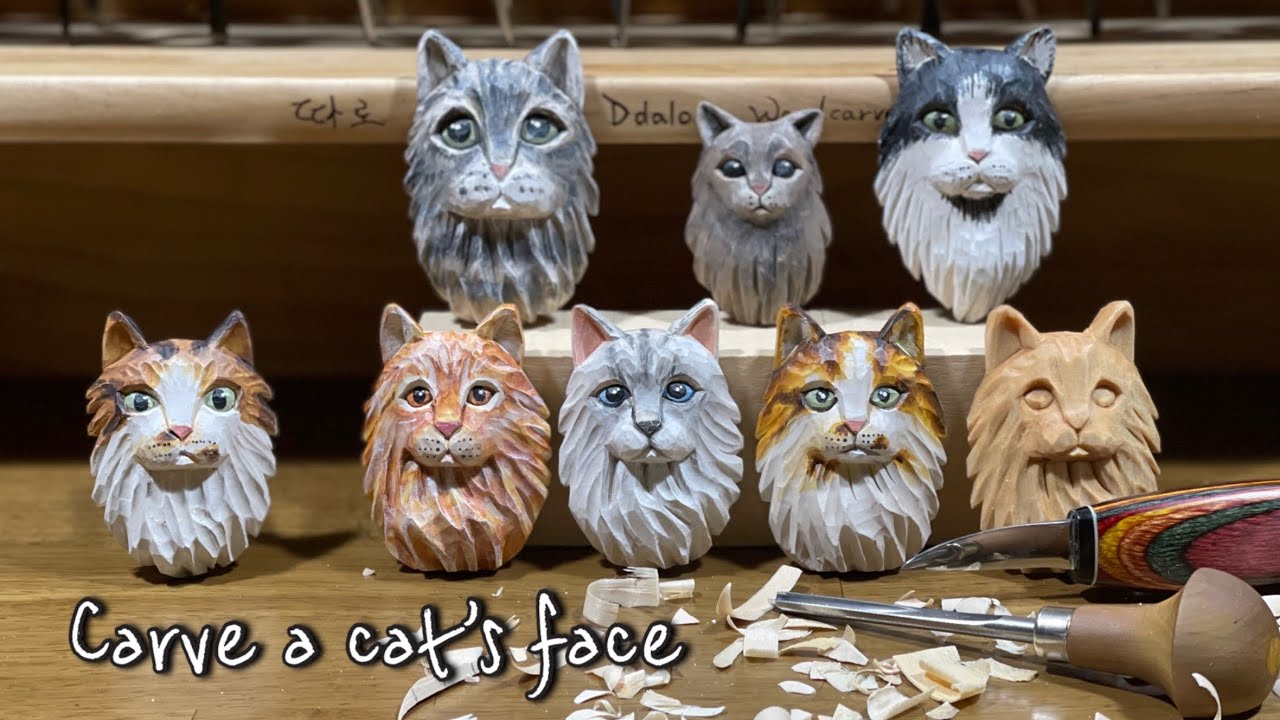 [우드카빙]고양이얼굴 조각하기 Woodcarving - Cave a Cat's face - YouTube