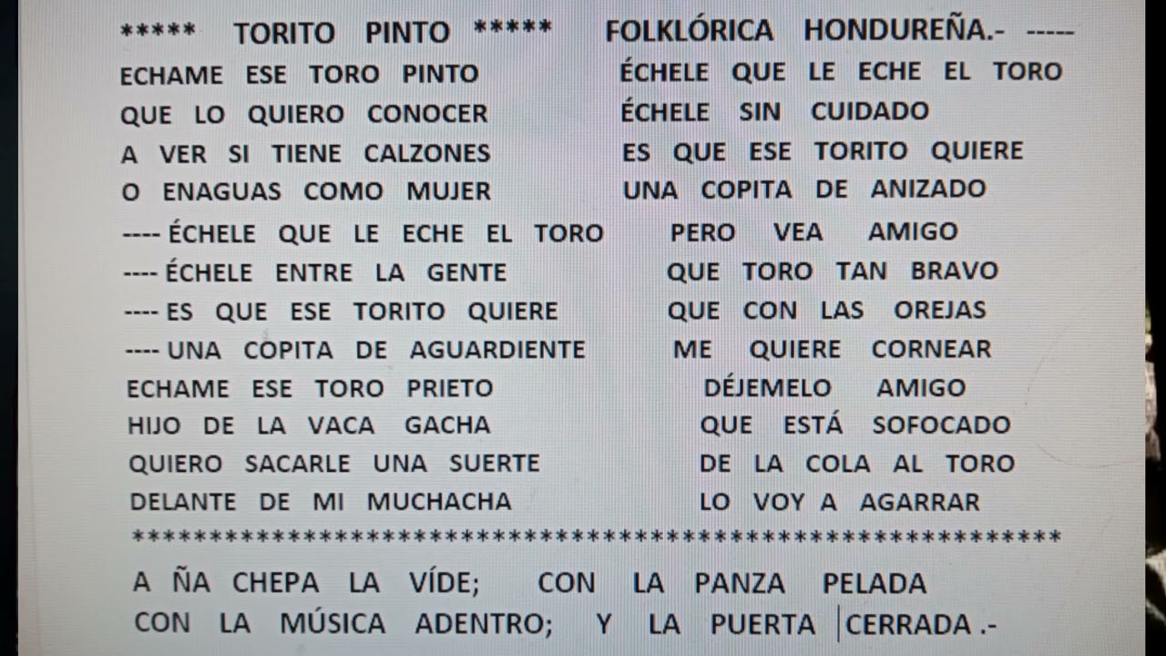 LETRA DEL : TORITO PINTO .- CANCIÓN FOLKLÓRICA CENTROAMERICANA ...
