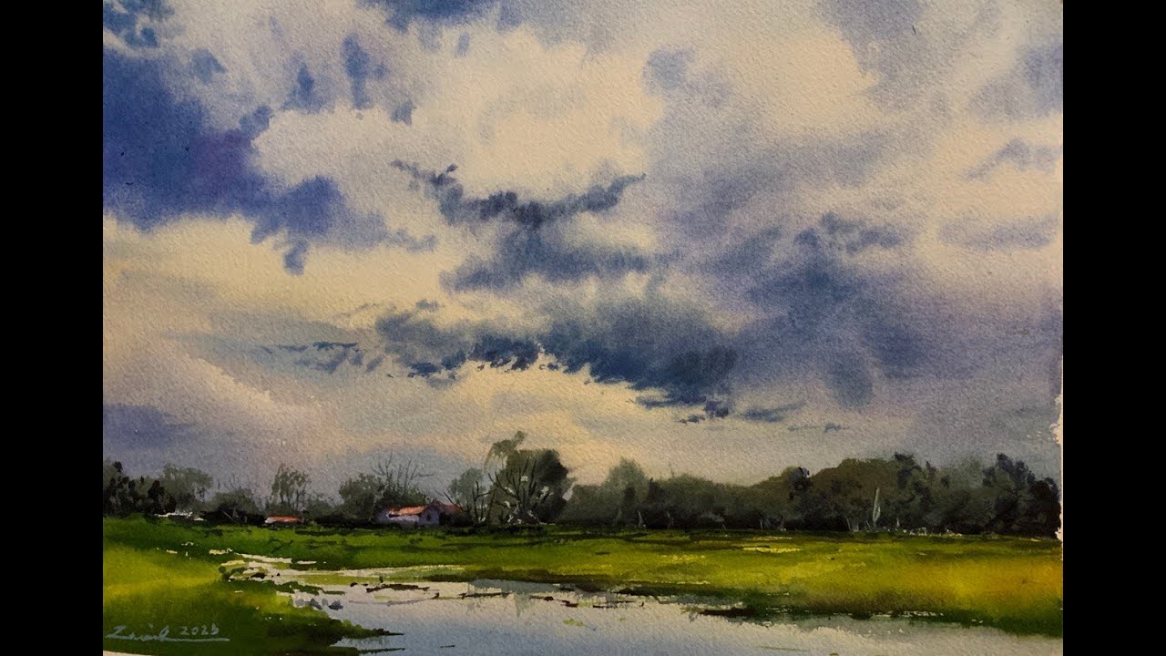 Watercolor painting tutorial - Cloudy sky - YouTube