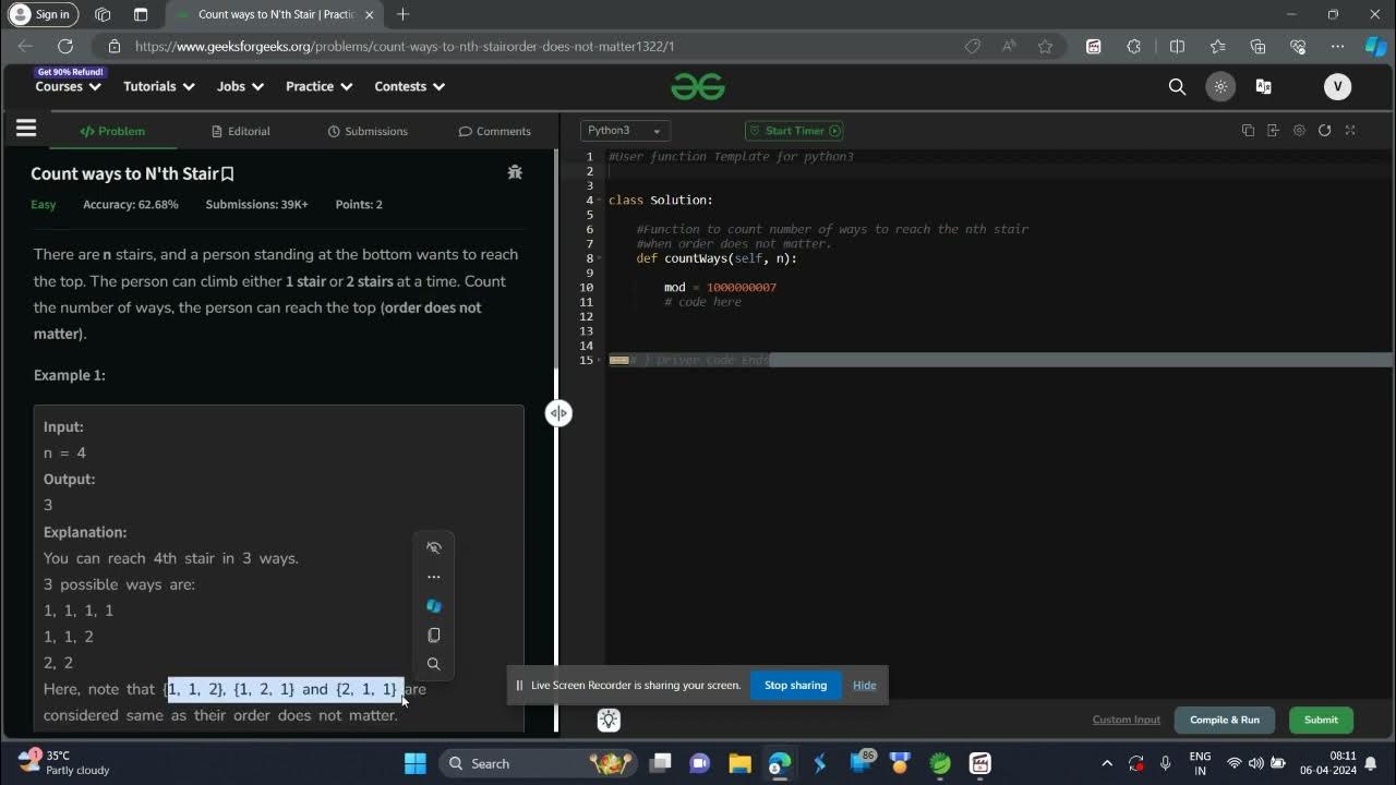 Count ways to N'th Stair GFG POTD Python Solution geeks for geeks problem of the day - YouTube