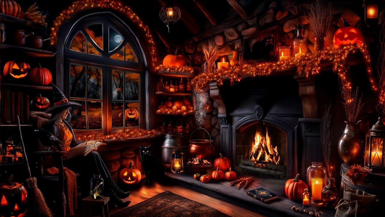 COZY WITCH HALLOWEEN COTTAGE AMBIENCE-JACK-O-LANTERNS-CRACKING ...