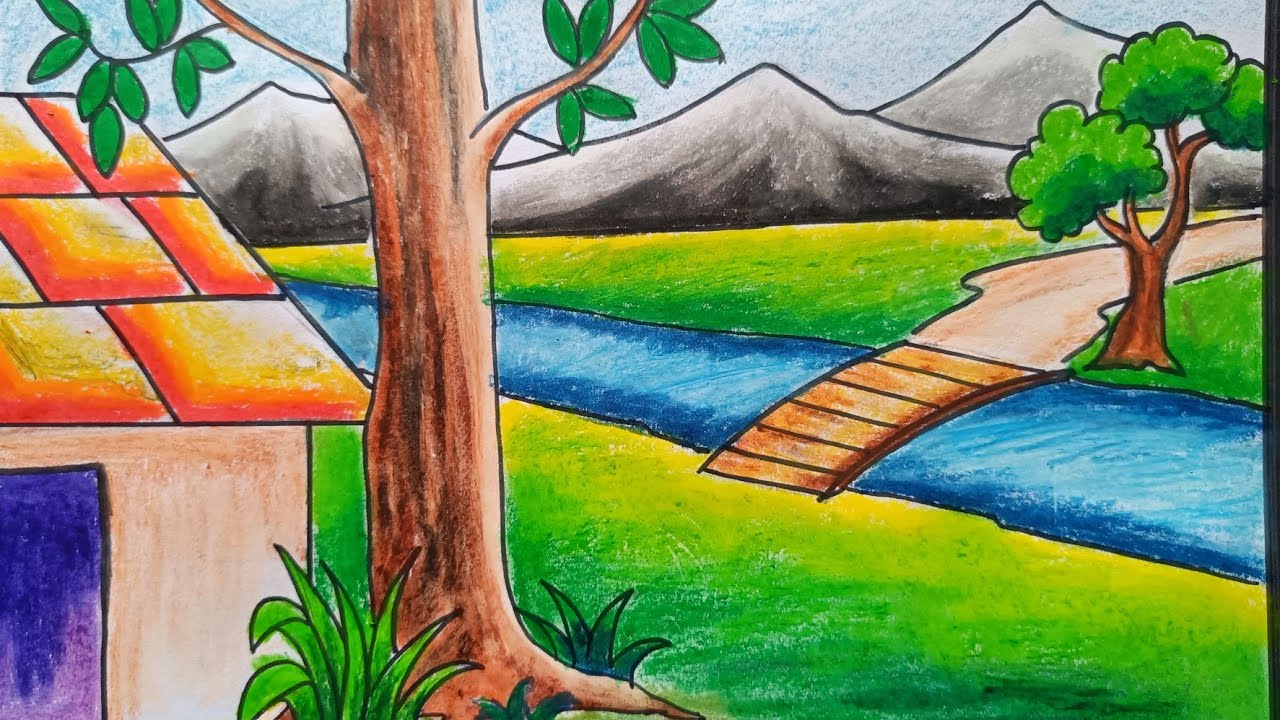 Nature Drawing | How To Draw Easy Scenery | Mountain landscape Drawing ...