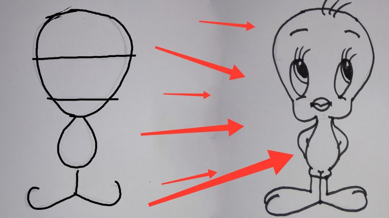 How to draw cartoon tweety bird | Step by step cartoon Drawing for kids ...