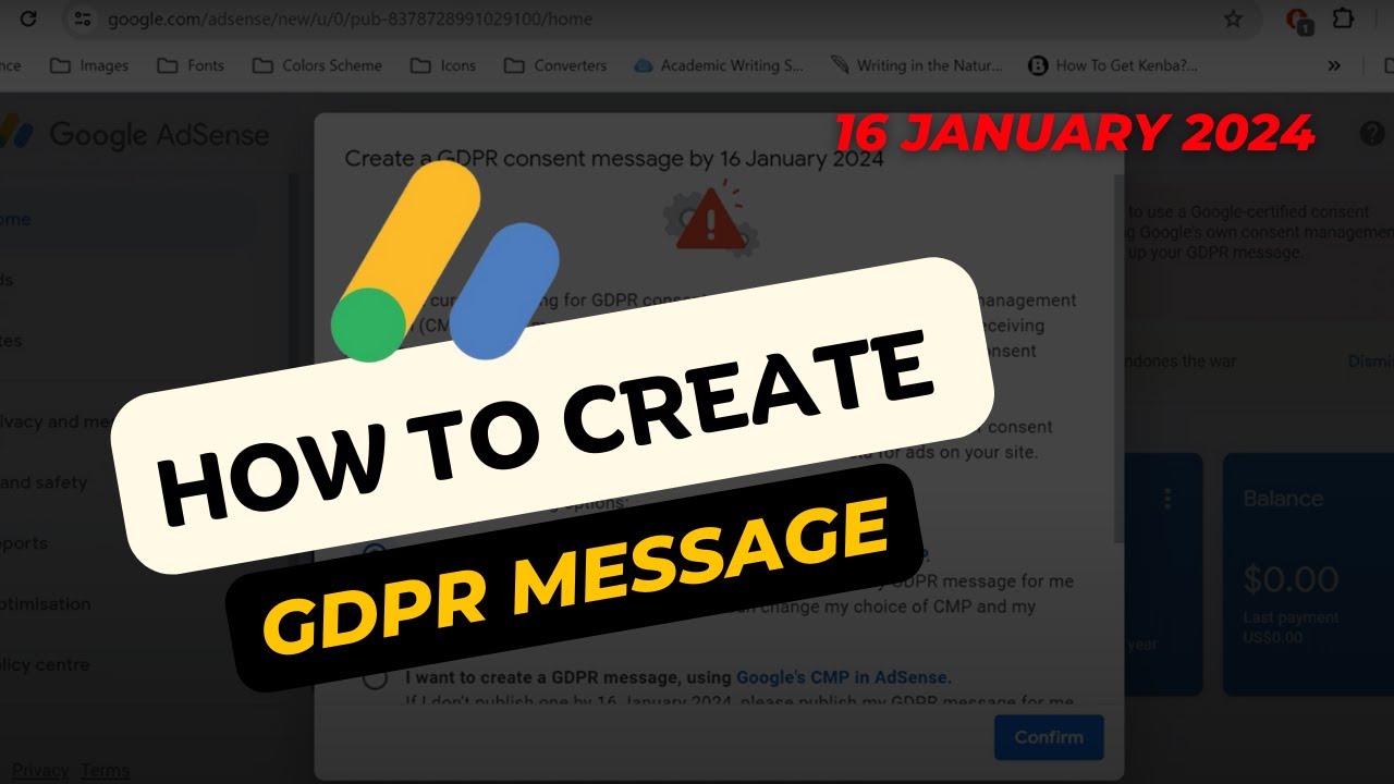 Google AdSense | Create GDPR Consent message by 16 January 2024 - YouTube