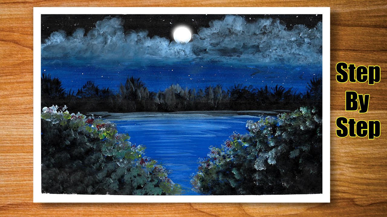 how to draw moonlight scenery | night scenery painting with acrylic ...