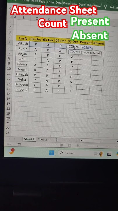 Excel Attendance Sheet Tricks | Use Of Countif Function | #exceltips #exceltricks #excelformula ...