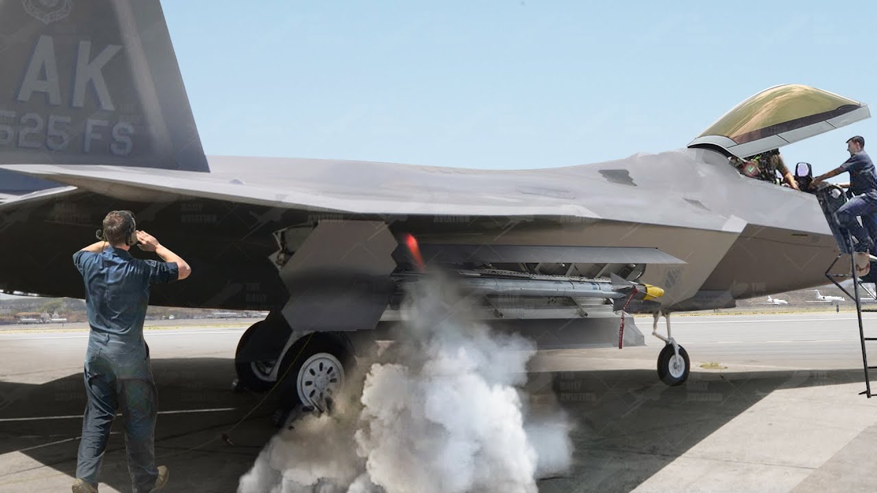 Powerful US F-22 Blows Massive Smoke During Loud Engine Startup - YouTube