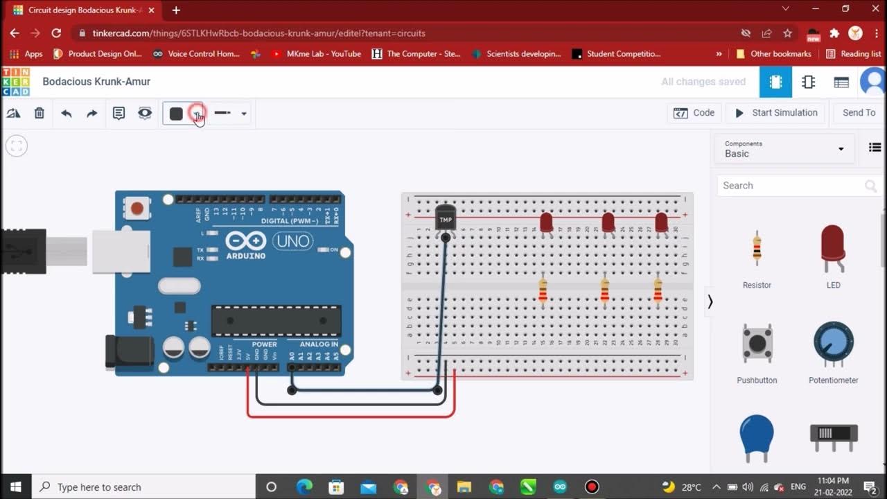Arduino Uno with temperature sensor and LED Simulation Using Tinkercad - YouTube
