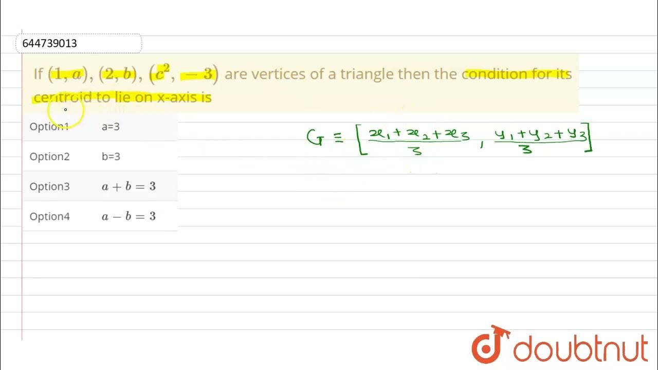 If (1,a), (2,b), (c^2,-3) are vertices of a triangle then the condition ...