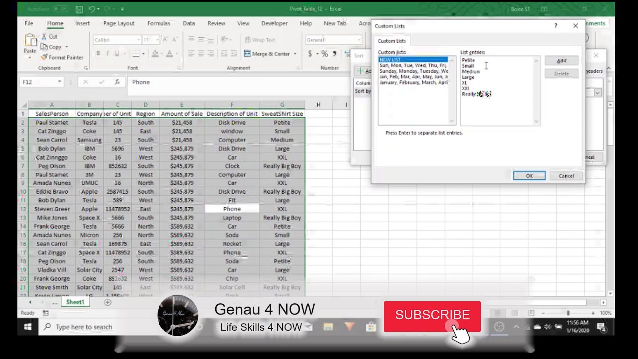 Excel For College Custom Sort Quick And Easy Youtube