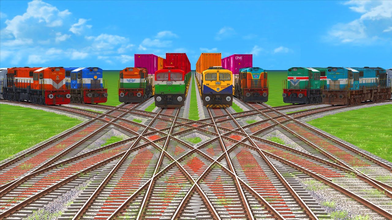 8 DIESEL TRAINS CRISS-CROSS CROSSING ON BUMPY SHARP BEND CROSSING #44 ...