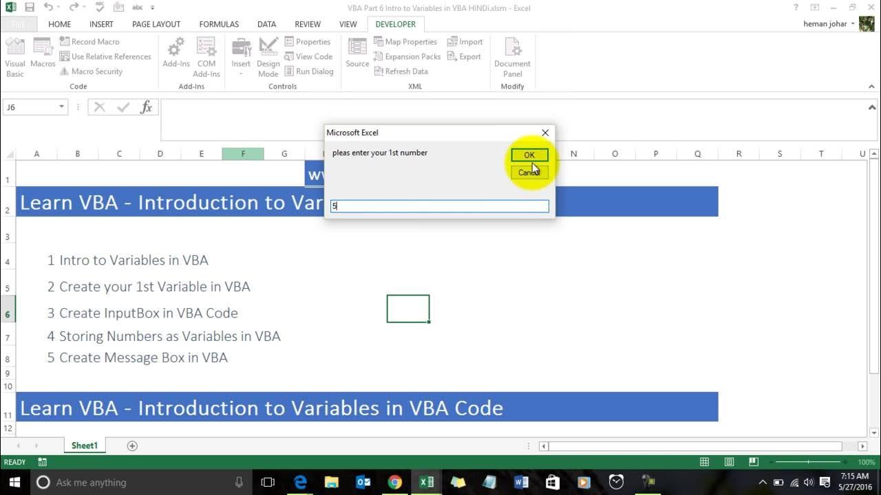 VBA Part 6 Intro to Variables in VBA Hindi - YouTube