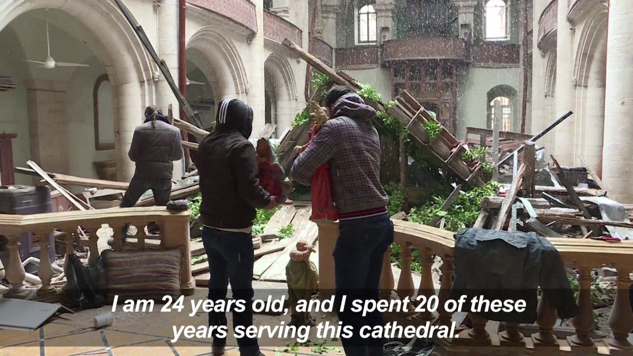 Aleppo Christians prepare war-ravaged church for Christmas - YouTube