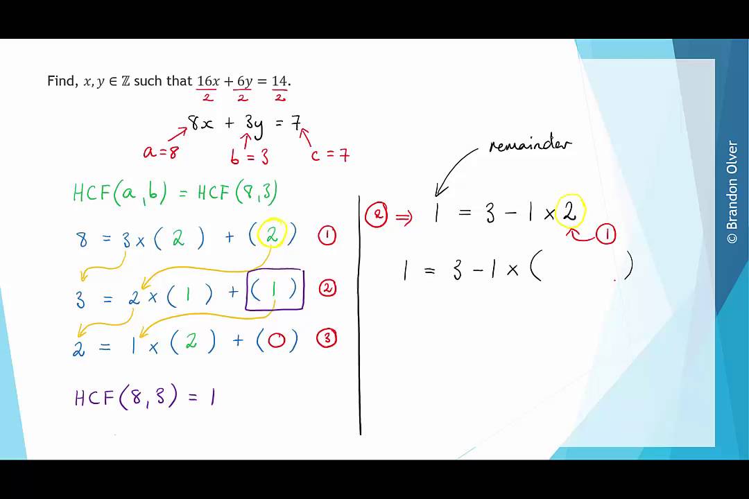 Using the Euclidean algorithm to find solutions to linear Diophantine equations - Ex 1 - YouTube